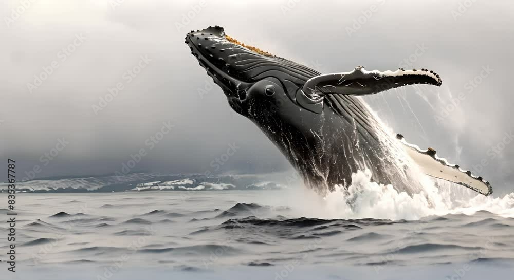 Humpback whale leaps out of water showing agility and power streamlined ...