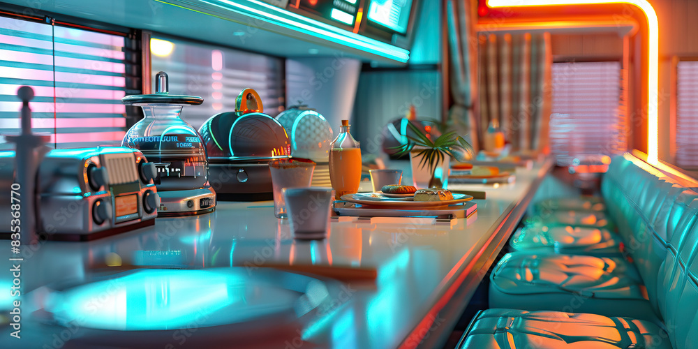 Retro Futuristic Diner A Diner That Combines 1950s Diner Aesthetics With Modern Technology Like