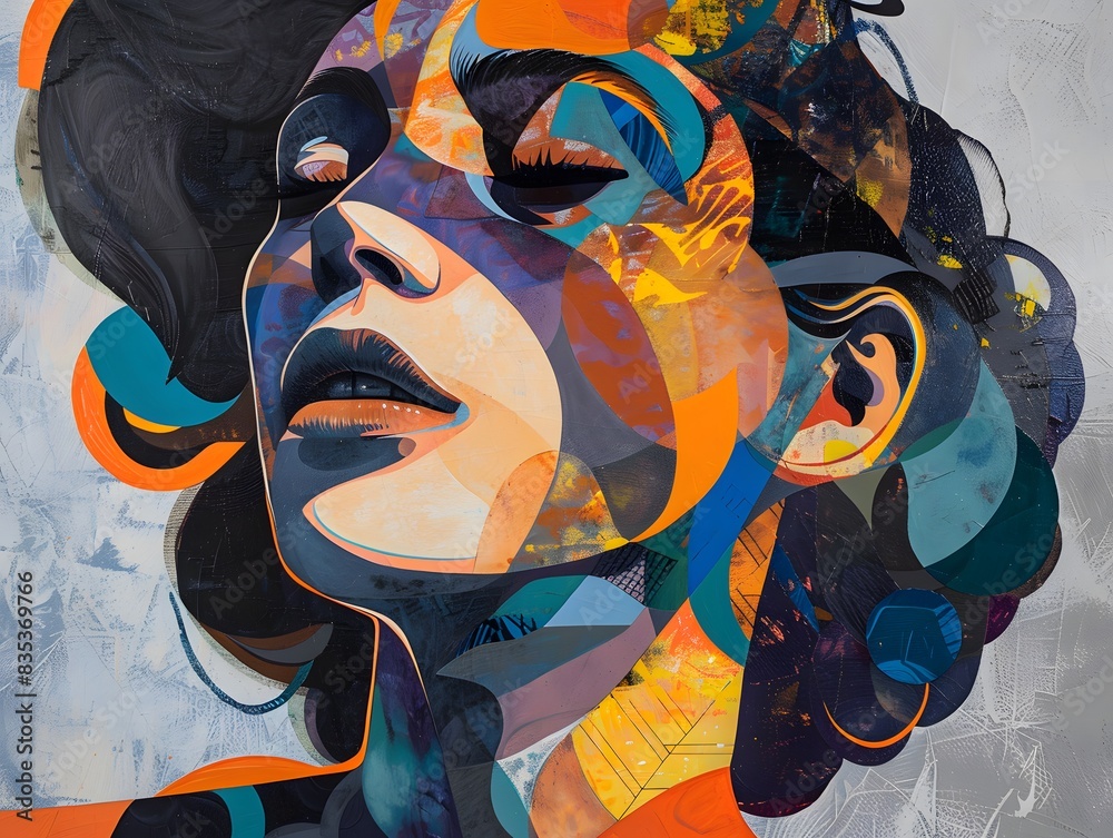 Abstract portrait with flowing shapes and bold colors, conveying ...