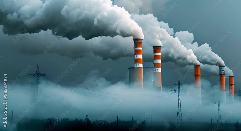 Smoke billows from nuclear power plant cooling towers. Concept ...