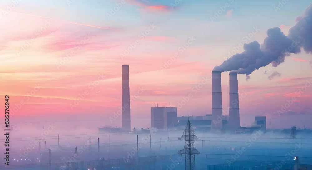 Traditional power plant producing steam and smog in industrial ...
