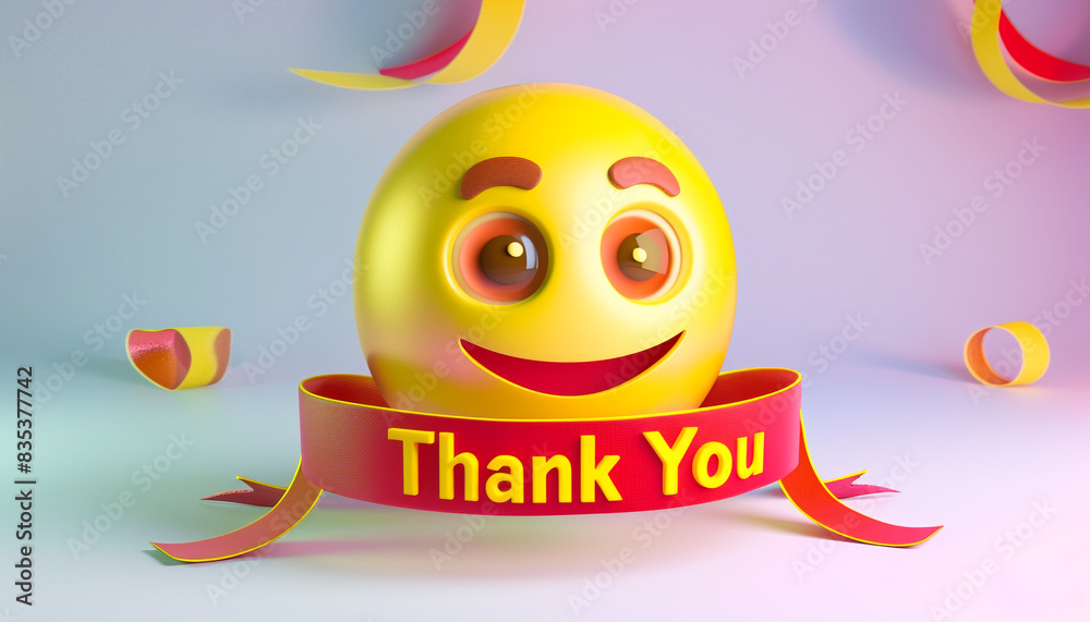 Compose an image of a 3D luxury yellow emoji, under which a red ribbon ...