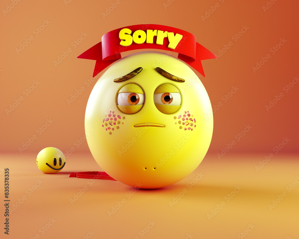 Create a 3D luxury yellow emoji with a sorrowful expression, topped by ...