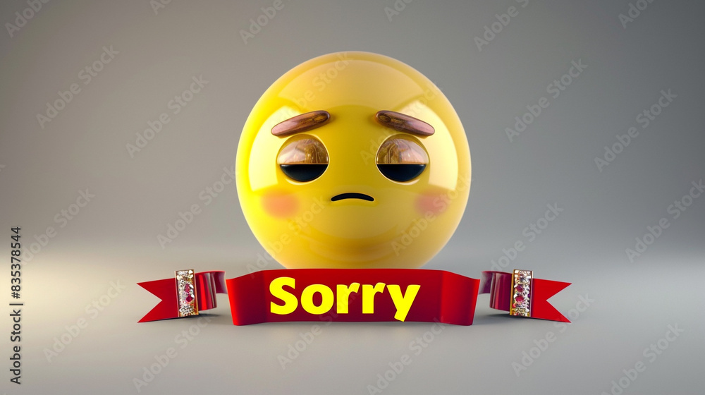 Create a 3D luxury yellow emoji with a rueful look. Below it, a red ...