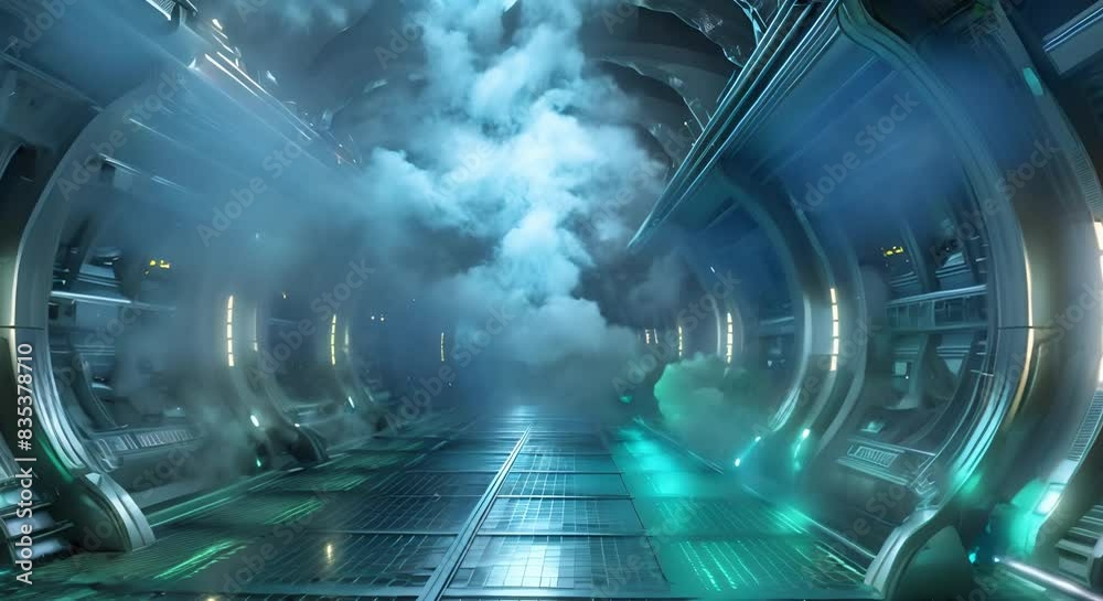 Futuristic and spooky alien spaceship interior with eerie corridor ...