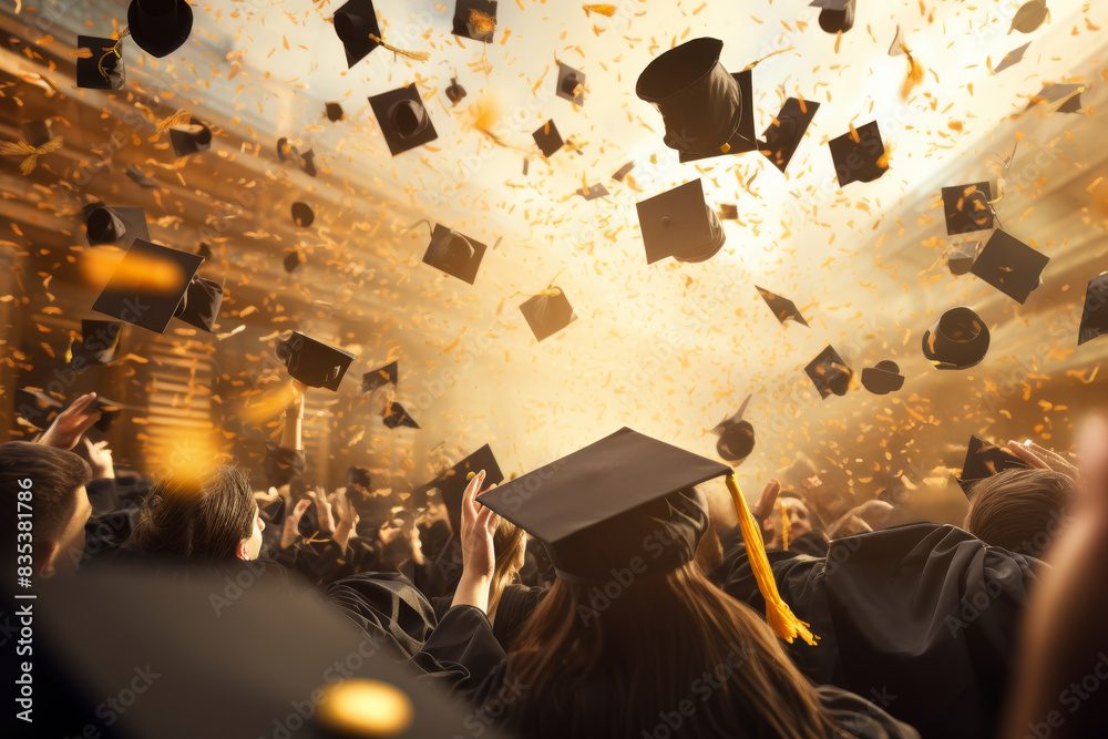 Graduation cap flying with confetti background, graduation day concept ...