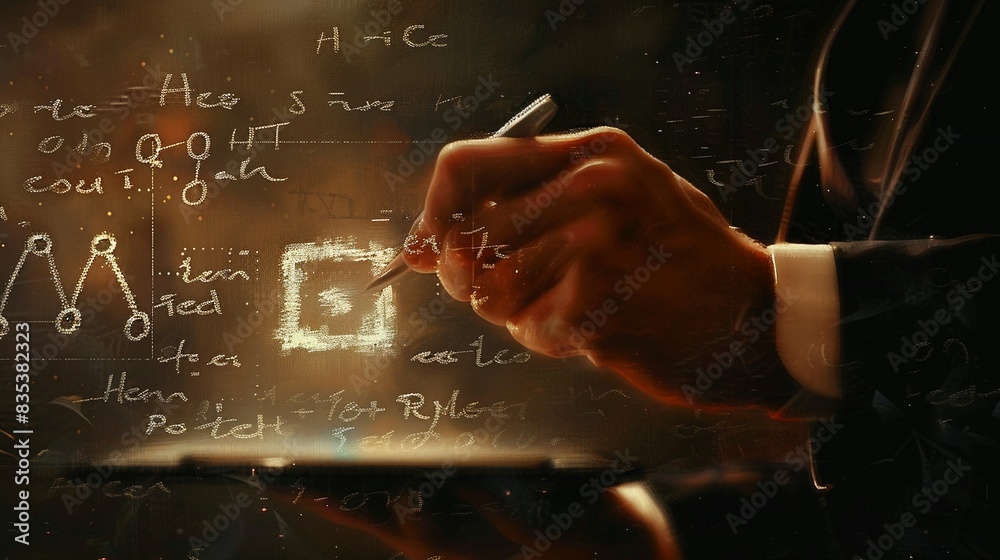 Hand drawing a QR code on a blackboard with chalk, surrounded by ...