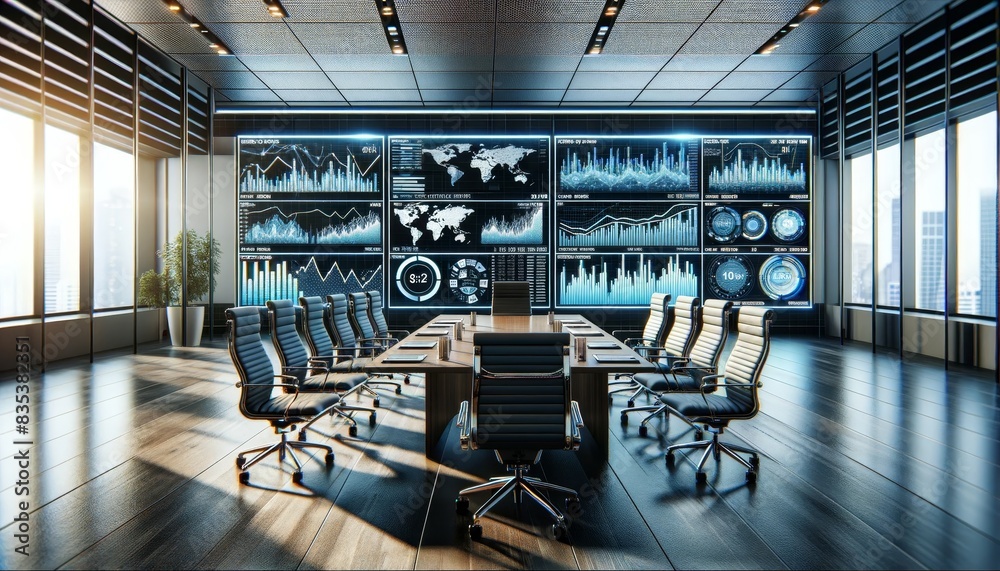 Modern conference room with high-tech presentation screens, large table ...