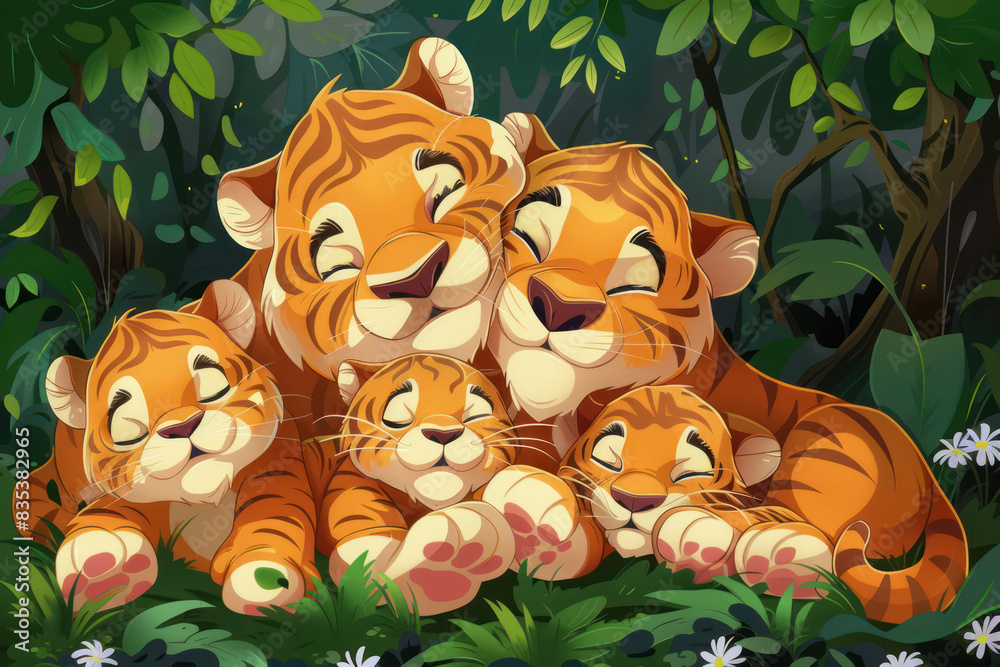 Animated family of tigers, including two adult tigers and three tiger cubs, all cuddling ...