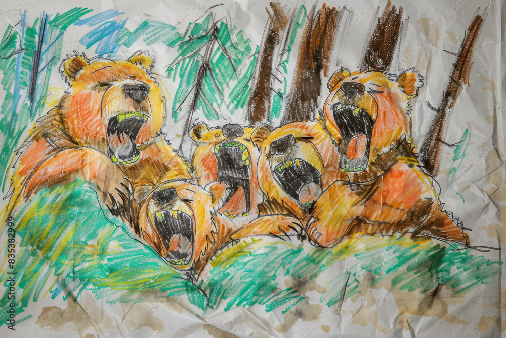 Drawing of several bears in a forest setting. The bears are depicted ...