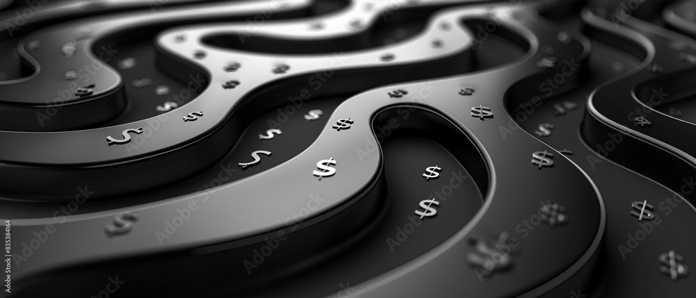 Wavy black pathway with white dollar signs, minimalist design, 3D ...