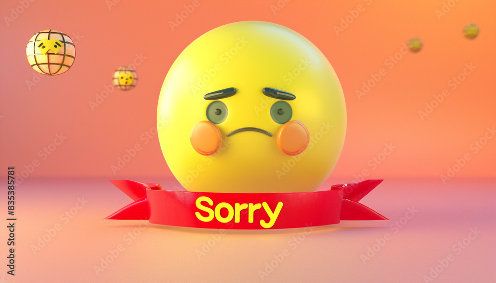 Render a 3D yellow emoji with a sorry expression, highlighted by a red ...