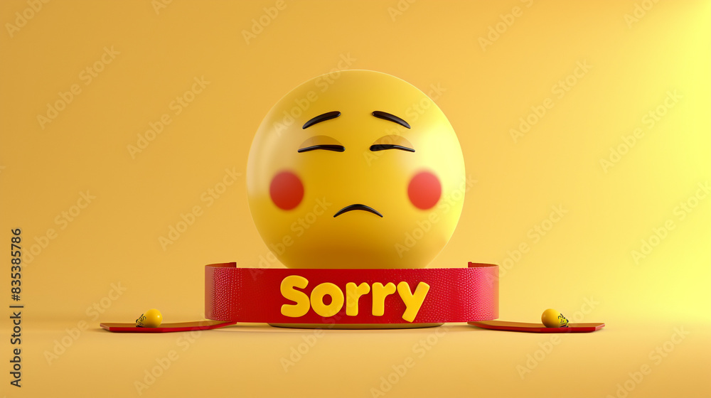 Render a 3D yellow emoji with an apologetic expression. Below, a red ...