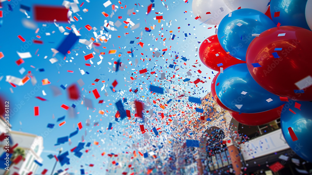 Vibrant celebration with balloons on the top right corner, red, white ...