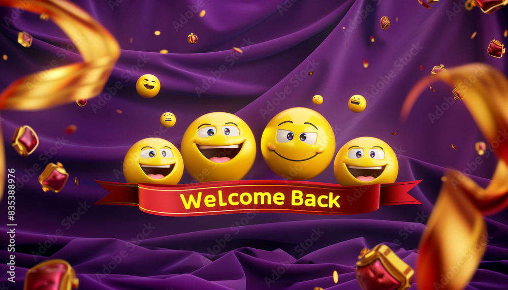 A rich velvet purple backdrop highlights a 3D luxury yellow emoji with ...