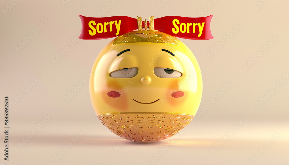 Create a 3D opulent yellow emoji with a guilty expression, topped by a ...