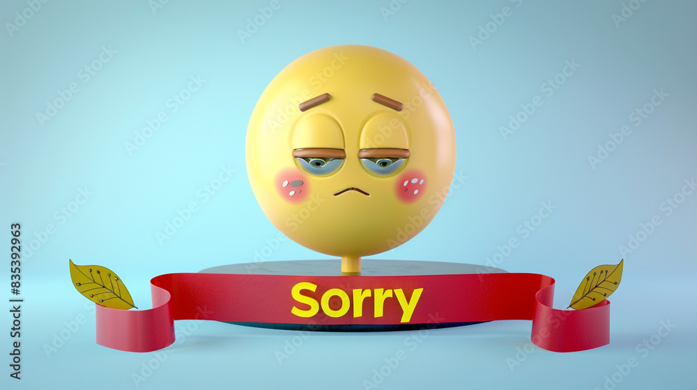 Illustrate a 3D yellow emoji with a contrite face. Below, a red ribbon ...