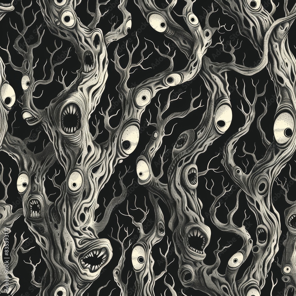 Nightmarish Tree Pattern - Eerie, Contorted Trees with Eyes and Mouths ...