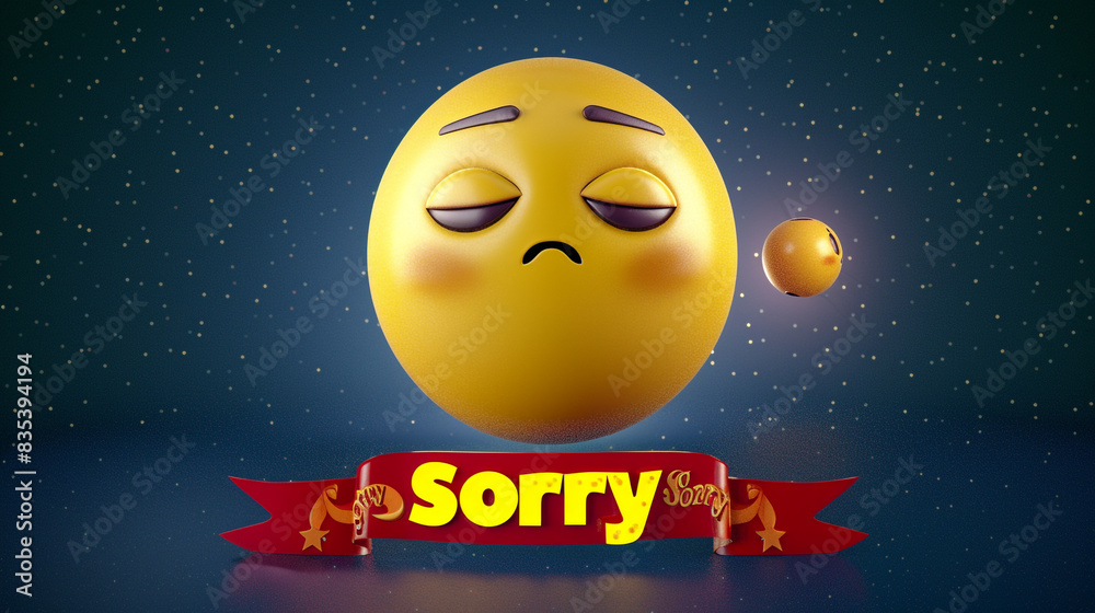 Render a 3D yellow emoji with a mournful expression. Underneath, a red ...