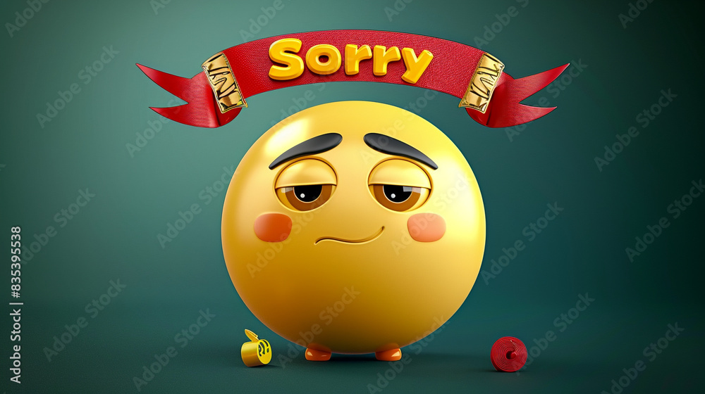 Illustrate a 3D luxury yellow emoji looking guilty. It's topped by a ...