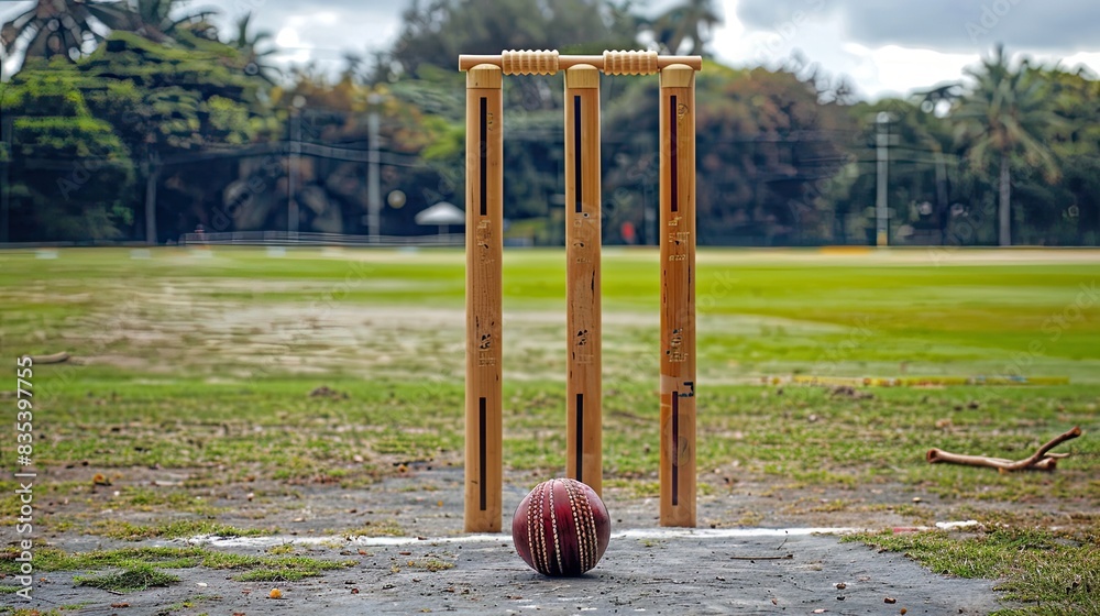 cricket ball rolling on the outfield towards the boundary with the ...