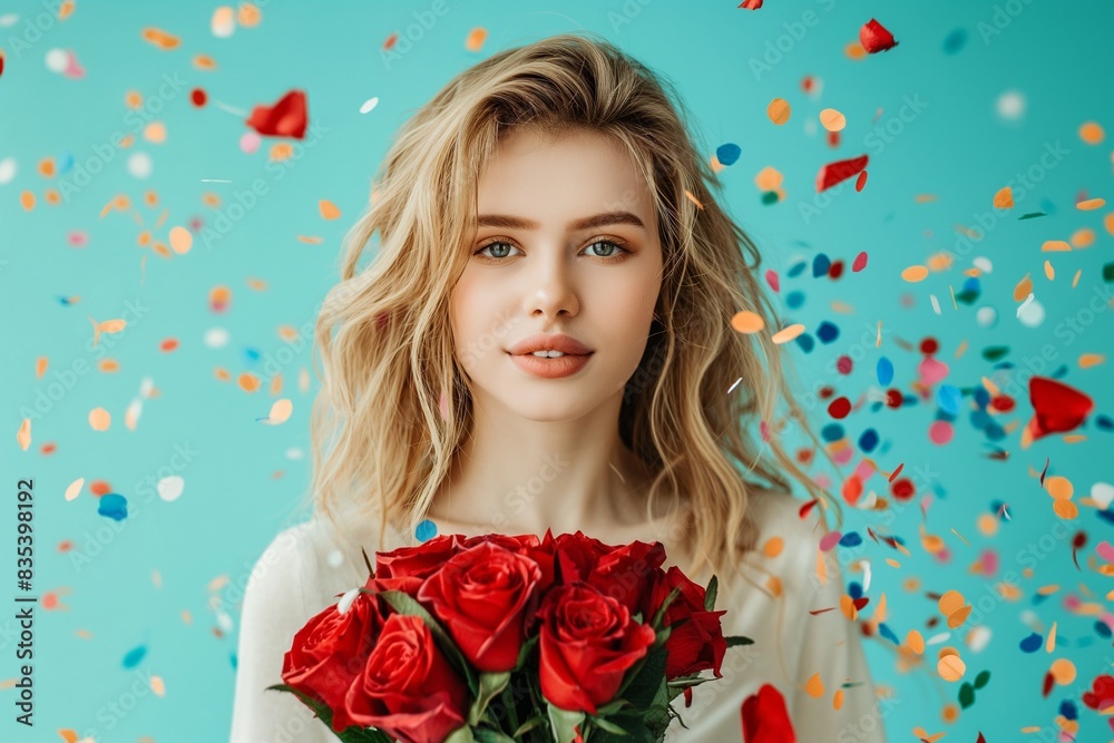 Beautiful young woman with bouquet of red roses, Beautiful Young Woman ...