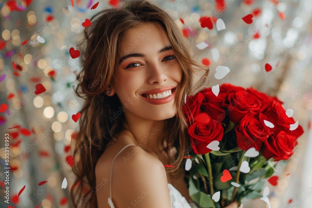 Beautiful young woman with bouquet of red roses, Beautiful Young Woman ...