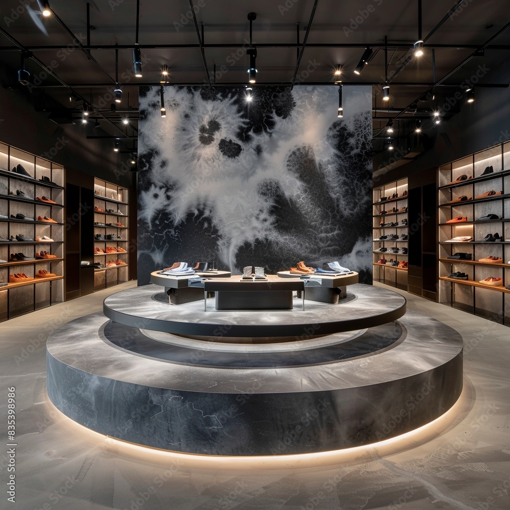 round shaped product showroom, soft black tie dye cloud landscape ...