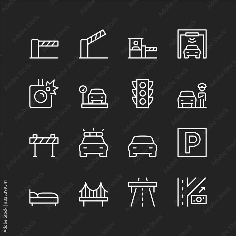 Road icon set, white lines on black background. High-speed toll road ...