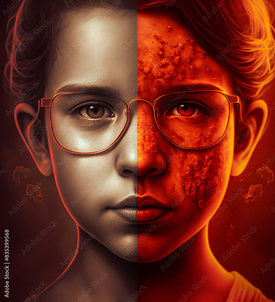 Boy with good and evil face, half clean and half distorted red face ...