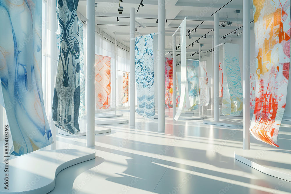 Dynamic Avant Art Gallery mockup showcasing modern interactive textiles in a bright, high-tech ...