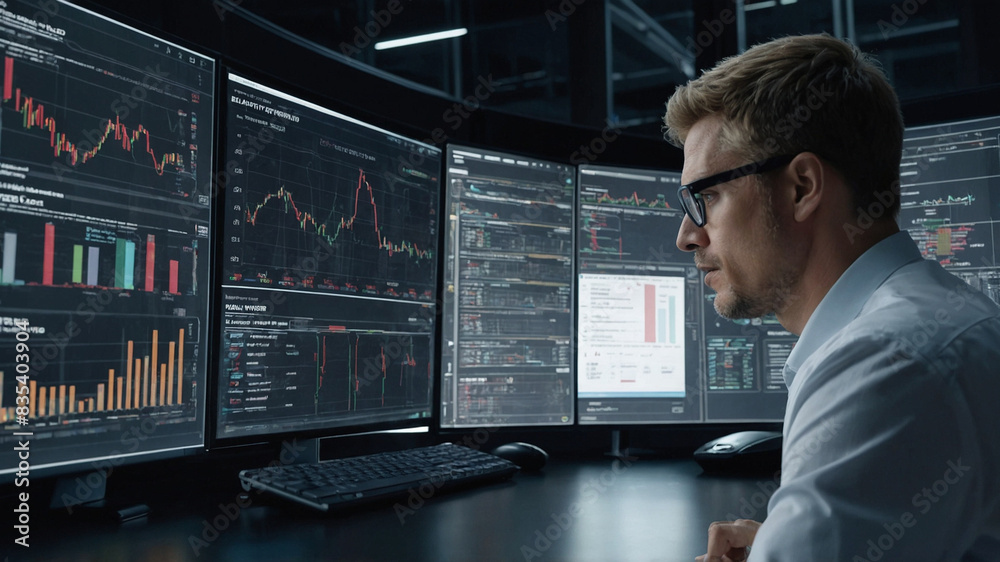 An analyst uses a computer and dashboard for data business analysis and ...