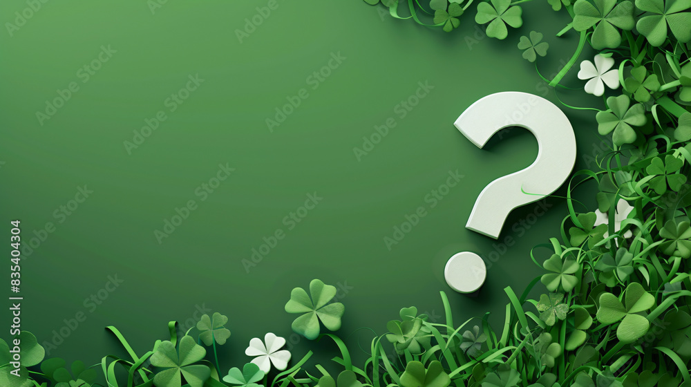 Green background with clovers and a white question mark for st. Patrick ...