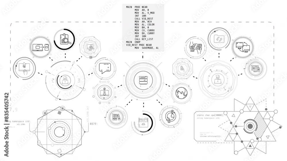 Monochrome animated infographic schema about AI in business processes ...