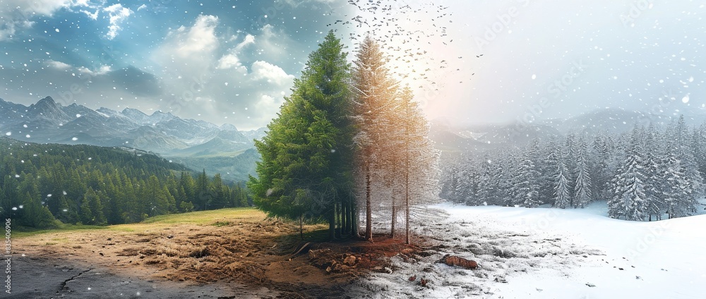 split comparison view of different summer vs winter seasons, aging or ...