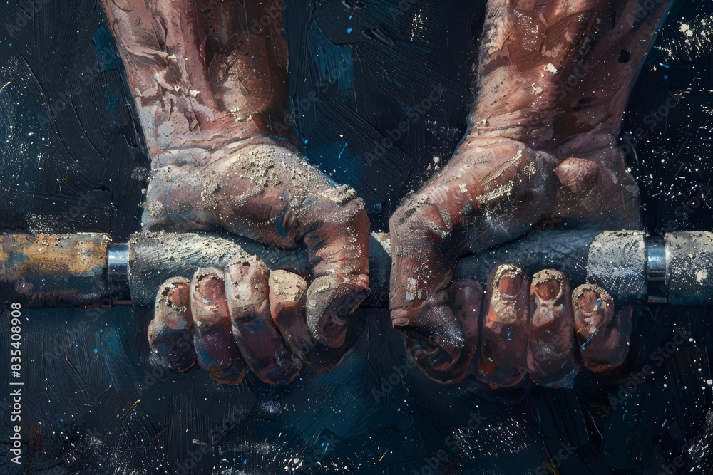 Weightlifter's Chalk-Covered Hand Gripping Barbell – Perfect for Gym ...