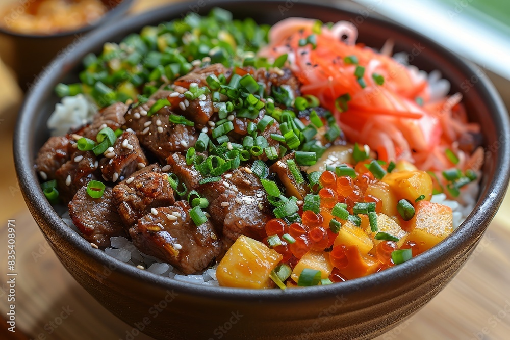 Donburi - Rice bowl topped with beef (gyudon), chicken (oyakodon), or ...