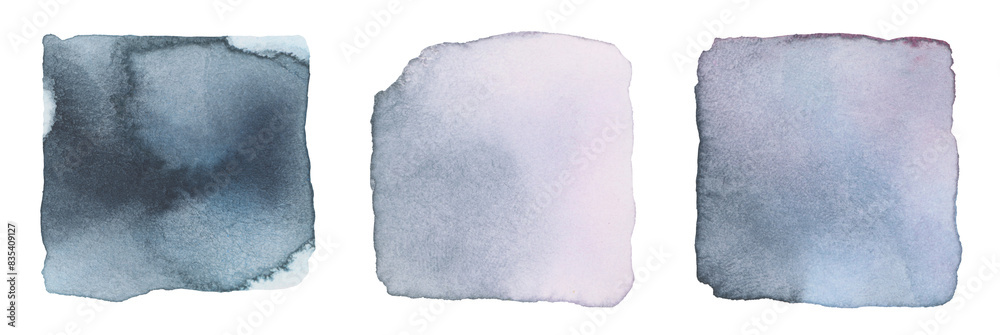 Ink watercolor hand drawn square flow blot. Wet blue pastel color stain ...