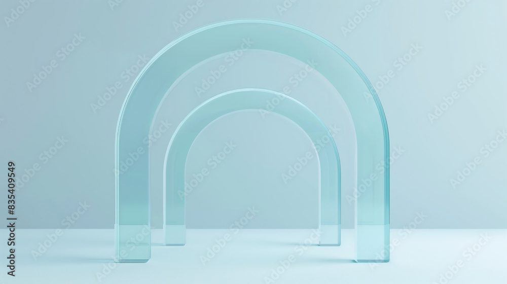 Transparent glass arches on light blue background. Empty, blank mockup ...