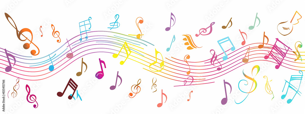 Abstract Colorful musical notes long narrow white background, Colorful ...