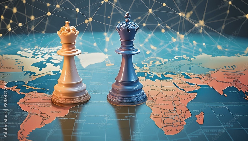 Geopolitics concept image with two chess pieces on a world map ...