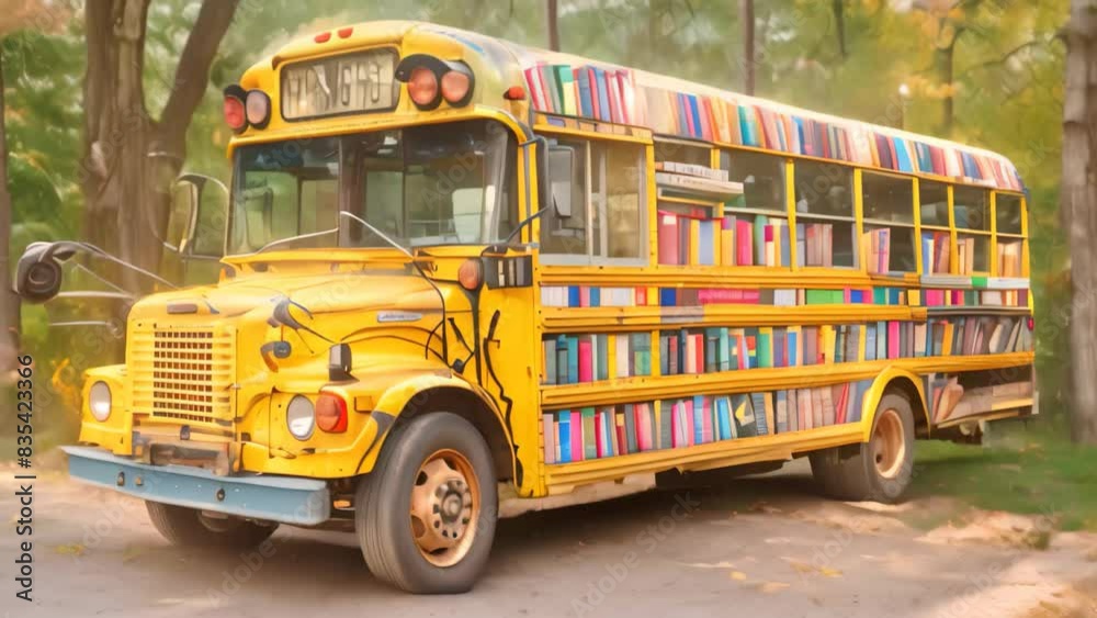 A yellow school bus covered in books, serving as a mobile library for ...