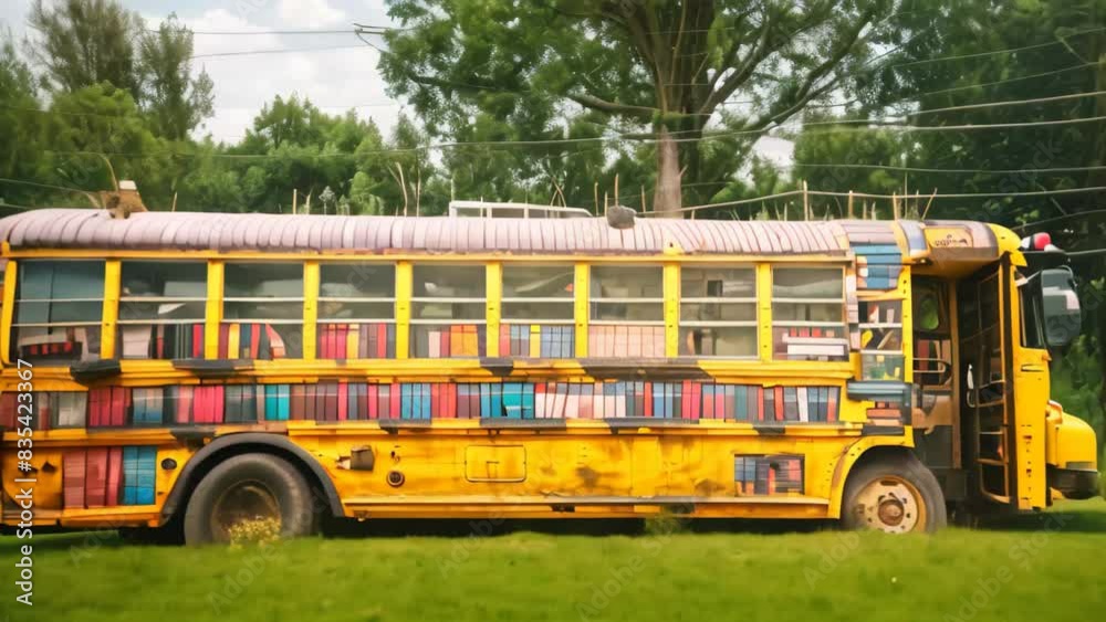 A yellow bus converted into a mobile library, with books stacked neatly ...