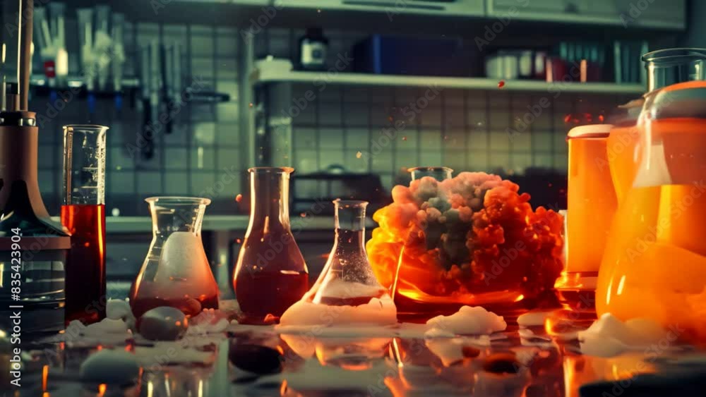 Beakers filled with various colored liquids in a laboratory setting, A ...