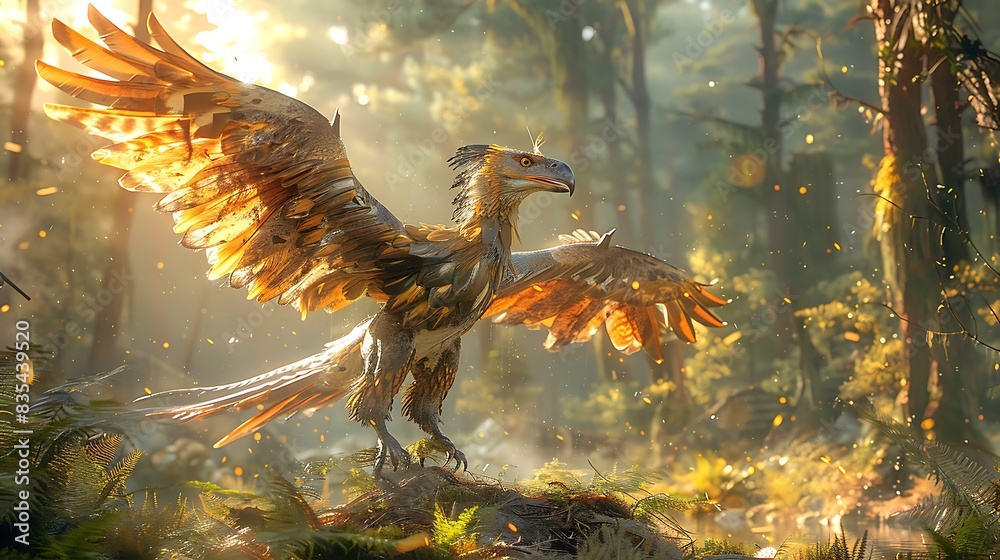 hyperrealistic fossil of a Microraptor with its feathered wings and ...