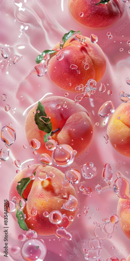 Peaches with water droplets are floating in mid-air amidst splashes of ...