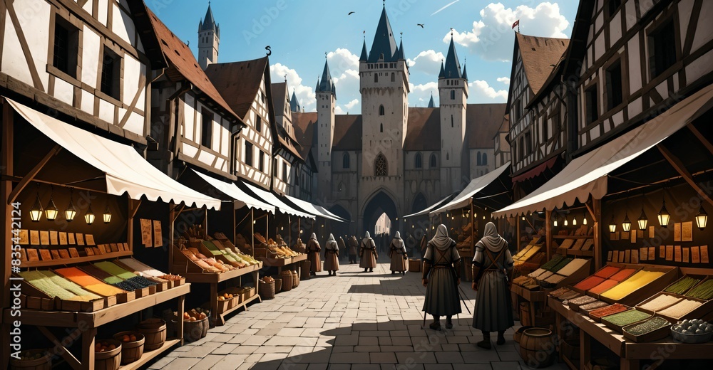 medieval market shopping district outdoors. blacksmith forge master ...