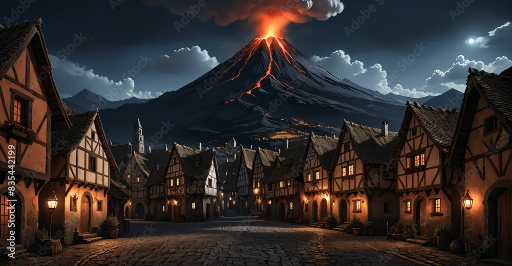 medieval fantasy village town by volcano mountains and clouds sky night ...
