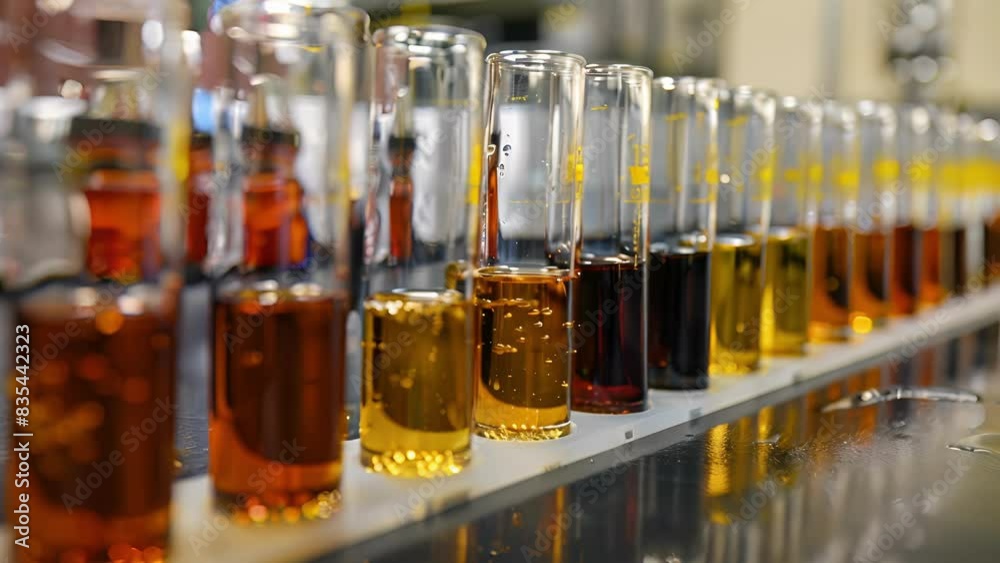 A series of test tubes filled with different colored liquids are lined ...