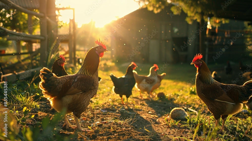 Chicken farm. A chicken eats feed and grain at an eco-friendly free ...